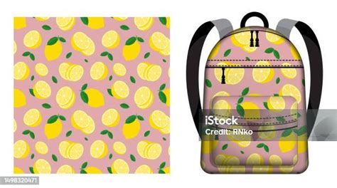 어린이 학교 배낭은 감귤류 조각과 함께 전체 레몬으로 이음매 없는 패턴을 장식했습니다 잘게 잘린 풍미와 나뭇잎을 가진 레몬 포스터 디자인 및 직물 인쇄를 위한 벡터 장식 0