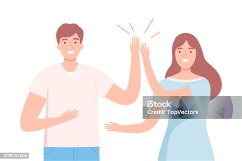 흥분 남자와 여자 주는 하이 파이브 에 각각의 서로 벡터 일러스트 5명에 대한 스톡 벡터 아트 및 기타 이미지 5명 남자