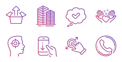 마천루 건물 승인 및 보내기 상자 아이콘 세트 아래로 스크롤하여 하트 및 터치스크린 제스처 표지판을 길게 누를 수 있습니다 벡터 건축에 대한 스톡 벡터 아트 및 기타 이미지