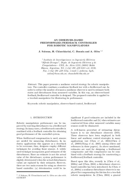 Pdf An Observer Based Feedforward Feedback Controller For Robotic