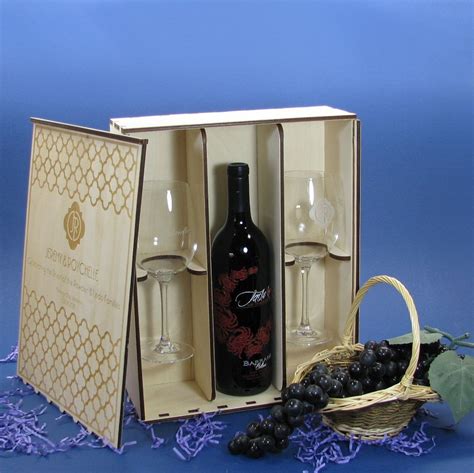 Wood Wine Box Set With 2 Custom Etched Wine Glasses Personalized By You Etsy Wood Wine Box
