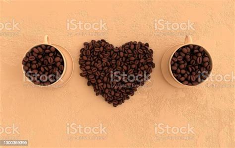커피 한 잔과 사실적인 커피 콩 하트 플랫 레이 3d 렌더링 배경 커피 콩의 질량을 닫습니다 가득 찬에 대한 스톡 사진 및 기타 이미지 Istock