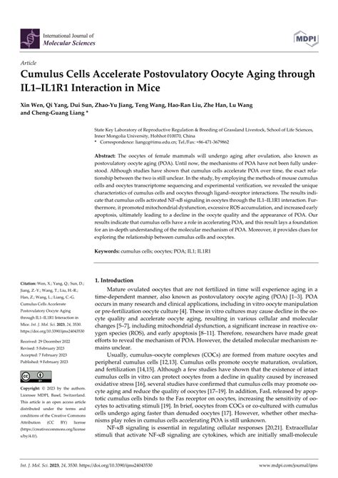 Pdf Cumulus Cells Accelerate Postovulatory Oocyte Aging Through Il1