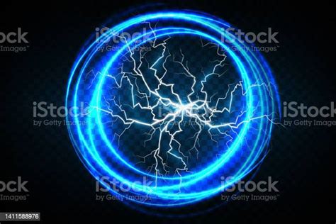 투명한 진한 파란색 배경에 공 번개 벡터 일러스트 레이 션 짙은 푸른 하늘에서 추상적 인 전기 번개가 치는 경우 가벼운 플래시