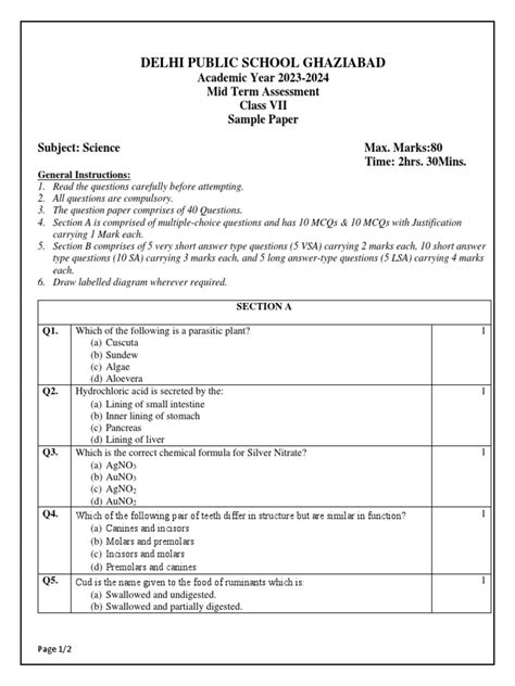 Class 7 Science Sample Paper Mid Term Examinations Pdf