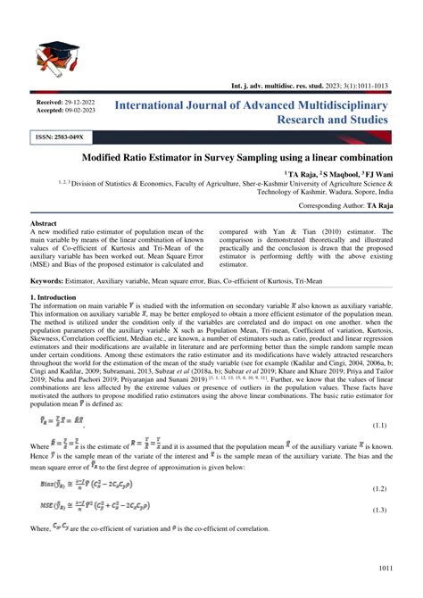 Pdf Modified Ratio Estimator In Survey Sampling Using A Linear