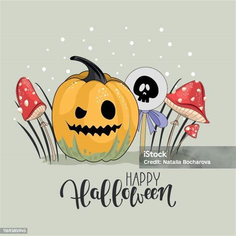 할로윈 초대장 귀여운 괴물과 인사말 카드 템플릿 호박과 손으로 쓴 비문 문구 해피 할로윈 10월에 대한 스톡 벡터 아트 및 기타 이미지 Istock