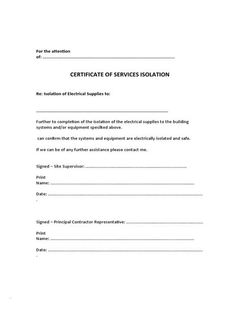Certificate Of Electrical Services Isolation Pdf