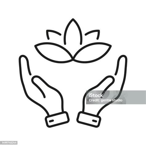 꽃 선 아이콘을 들고 있는 인간의 손 요가와 스파 개요 기호입니다 연꽃과 손 명상 선형 픽토그램 뷰티 메디컬 클리닉 간단한 사인 편집 가능한 획 격리된 벡터 그림 기도