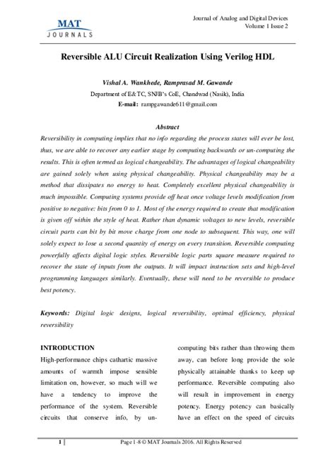 Pdf Reversible Alu Circuit Realization Using Verilog Hdl