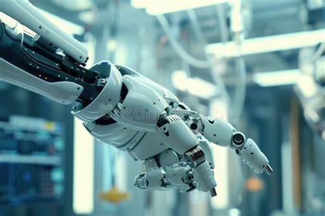 High Tech Robotic Arm Assembling Industrial Component In Modern Facility Design Stock Image