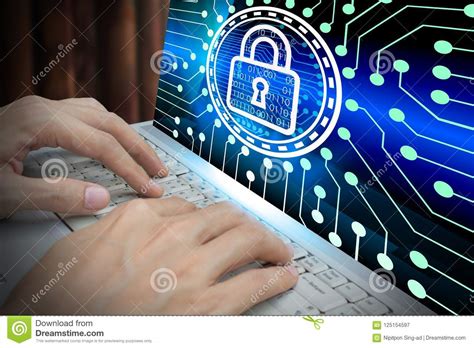 Double Exposure Of Businessman Use Laptop With Padlock Technology Cyber Security Data