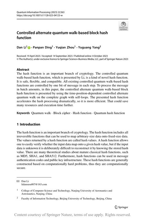 controlled alternate quantum walk based block hash function