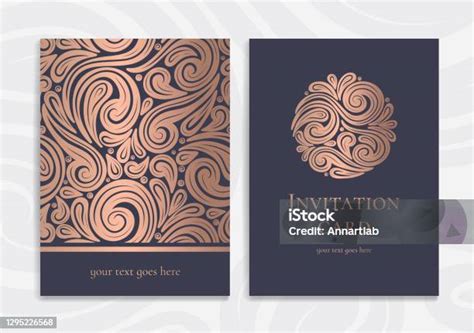 로즈 골드와 블랙 럭셔리 초대 카드 디자인 빈티지 장식 템플릿 배경 과 벽지에 사용할 수 있습니다 장식에 좋은 우아하고 고전적인 벡터 요소 0명에 대한 스톡 벡터 아트 및