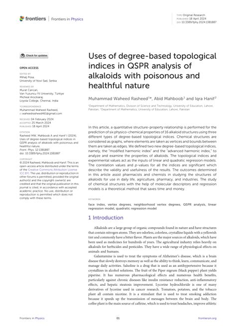 Pdf Uses Of Degree Based Topological Indices In Qspr Analysis Of Alkaloids With Poisonous And