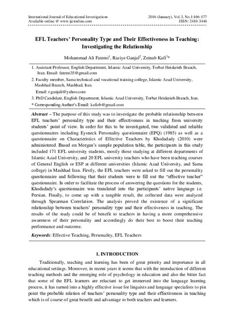 Pdf Efl Teachers Personality Type And Their Effectiveness In Teaching Investigating The