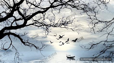 Ai创作图寒江 孤舟 飞鸟 枯树 水面 天空 云 宁静 自然 景致 萧瑟 空旷 意境 水墨画 冬季 昵图网
