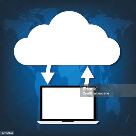 컴퓨터 노트북 연결 세계 지도 파란색 배경에 구름 벡터 일러스트 레이 션 클라우드 컴퓨팅 기술 세계 연결 개념 기업 재무와