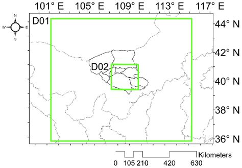 illustration of the two nested model domains used in the wrf