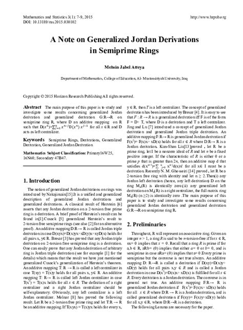 Pdf A Note On Generalized Jordan Derivations In Semiprime Rings Mehsin J A B E L Atteya