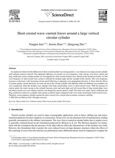 Pdf Short Crested Wavecurrent Forces Around A Large Vertical Circular Cylinder Dokumentips