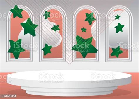 모형 라이트 레드 그린 및 화이트 제품 디스플레이 추상적인 최소 기하학적 형태 실린더 받침대 연단 미래 지향적인 3d 무대 쇼케이스 벡터 공상 과학 빈 장면 프리젠