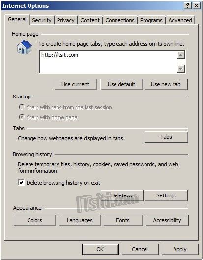 delete internet explorer browsing history on exit