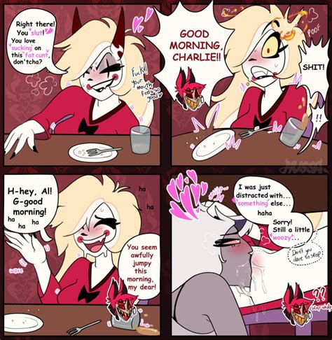 Rule 34 Alastor Hazbin Hotel Beverage Blush Bodily Fluids Bow Tie Canon Couple Charlie