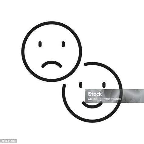행복한 미소와 슬픈 얼굴 라인 아이콘 부정적이고 긍정적인 스마일리 선형 픽토그램 좋고 불행한 이모티콘 개요 기호입니다 피드백 기호 편집 가능한 획 격리된 벡터 그림 감정에