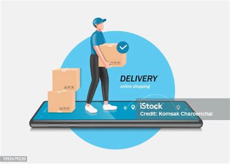 제복을 입은 남성 배달원이 스마트폰에 서서 소포 상자를 들고 있다 3차원 형태에 대한 스톡 벡터 아트 및 기타 이미지 3차원