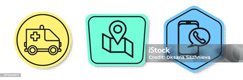 세트 라인 구급차 와 비상 차량 위치 마커와 택시 전화 서비스 접힌지도 컬러 셰이프입니다 벡터 Brand Name Smart Phone에 대한 스톡 벡터 아트 및 기타