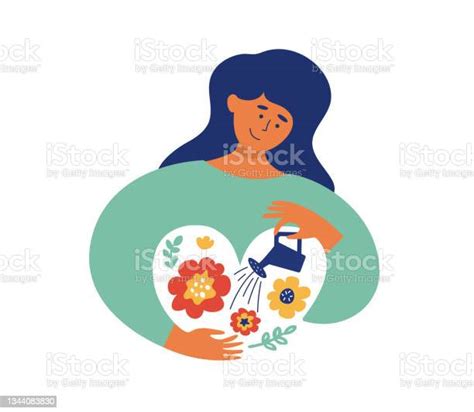 내면의 정원에서 꽃을 시개하고 성장하는 젊은 여성과의 자기 사랑의 벡터 일러스트 자기애에 대한 스톡 벡터 아트 및 기타 이미지