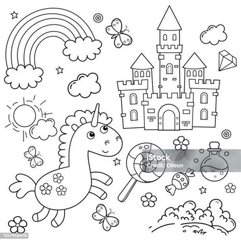 색칠 페이지 윤곽선 만화 사랑스러운 마법 유니콘 로얄 캐슬 동화 영웅 또는 문자 아이들을위한 색칠 공부 컬러링 북 페이지 일러스트레이션 기법에 대한 스톡 벡터 아트 및 기타