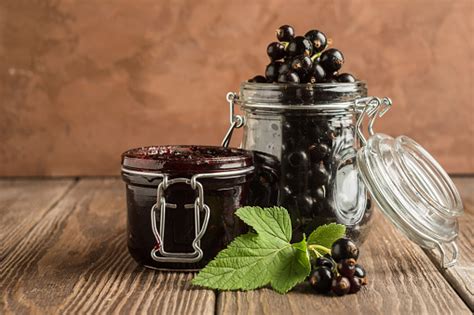 유리 항아리에 잼과 신선한 검은 건포도 열매는 나무 배경에 서있다 수평 프레임 선택적 초점 0명에 대한 스톡 사진 및 기타 이미지 Istock