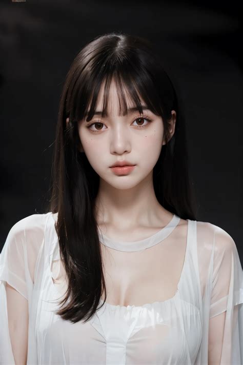 긴 검은 머리에 흰 셔츠를 입은 여자 Seaart Ai