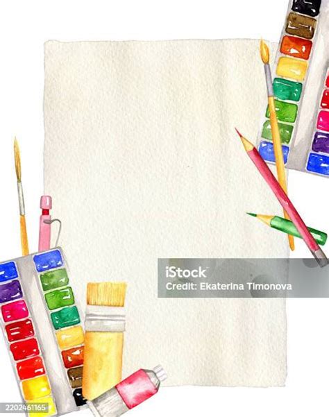붓이 있는 물감과 연필 학생을 위한 세트 수채화로 손으로 그린 사무실 드로잉 앨범 학교용 공부에 대한 스톡 벡터 아트 및 기타 이미지 Istock