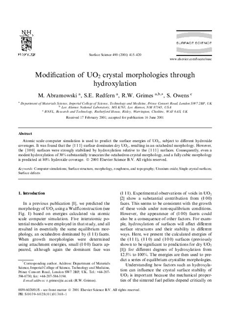 Pdf Modification Of Uo2 Crystal Morphologies Through Hydroxylation