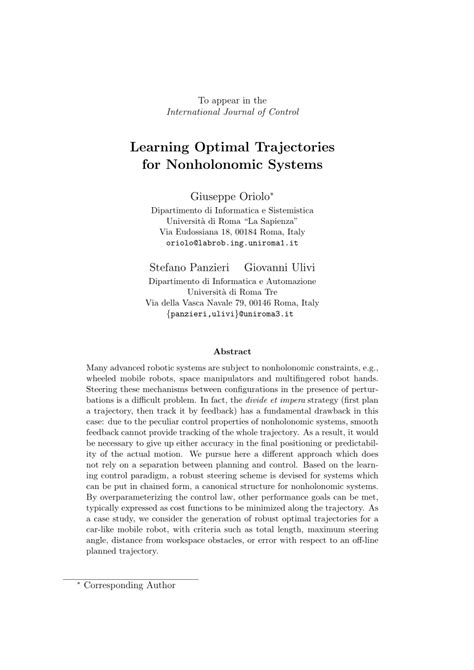 Pdf Learning Optimal Trajectories For Non Holonomic Systems