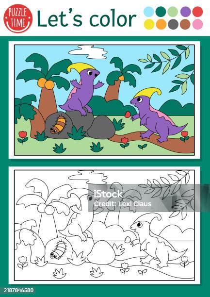 Parasaurolophus 커플과 함께 아이들을 위한 공룡 색칠 공부 페이지 선사 시대 풍경과 함께 벡터 윤곽선 그림 색깔이 있는 예를 가진 아이들을 위한 색칠하기 책