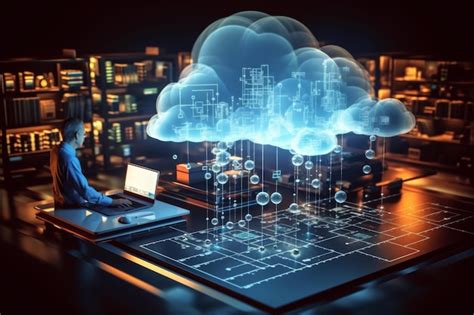 Visual Representation Of A Smart City With Digital Cloud Computing Infrastructure Over A Laptop