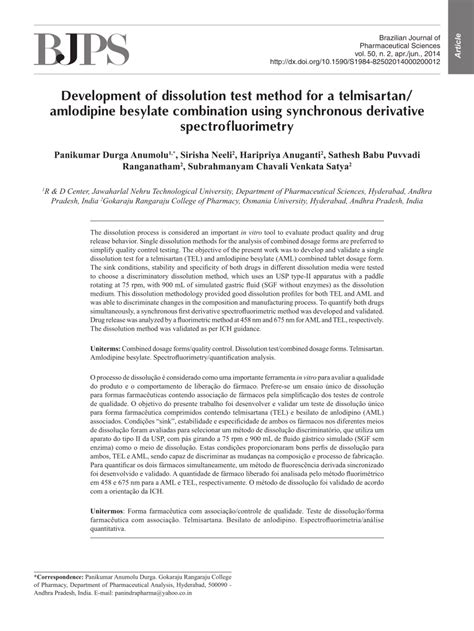 Pdf Development Of Dissolution Test Method For A Telmisartan Amlodipine Besylate Combination