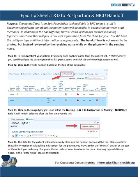 Harris Health System Epic Tip Sheet L D To Postpartum And NICU High Risk Handoff Page