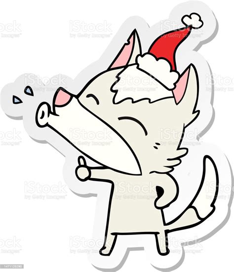 울부 짖는 늑대 손으로 그린 스티커 산타 모자를 쓰고 만화 낙서 드로잉에 대한 스톡 벡터 아트 및 기타 이미지 낙서 드로잉