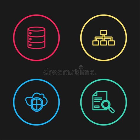 Set Line Cloud And Shield Document With Search Hierarchy Organogram Chart And Server Data