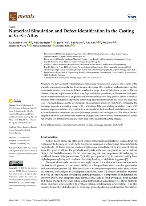 Pdf Numerical Simulation And Defect Identification In The Casting Of Co Cr Alloy