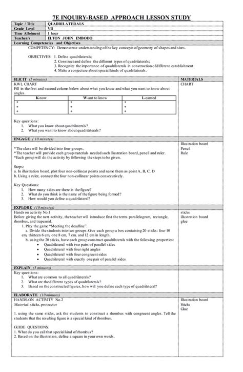 Lesson Plan On Quadrilateral Using Inquiry Based Method Docx