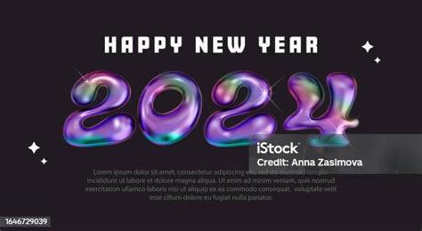 2024 컬러풀 크롬 넘버 독특하고 다채로운 숫자로 2024년 새해 복 많이 받으세요 포스터 배너 인사말 및 Y2k 미학이 있는 2024년 새해 축하를 위한 프리미엄 벡터