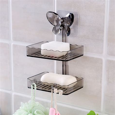 Double Drain Soap Storage Rack Tray Butterfly Adhesive Wall Mounted