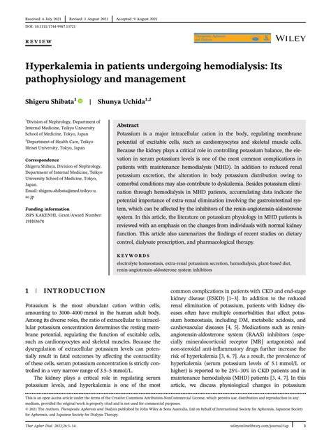 Pdf Hyperkalemia In Patients Undergoing Hemodialysis Its Pathophysiology And Management