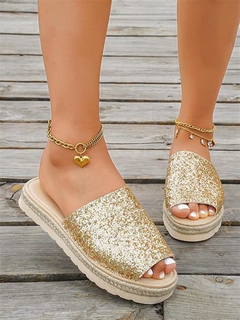 Sandalias Planas Doradas Con Purpurina
